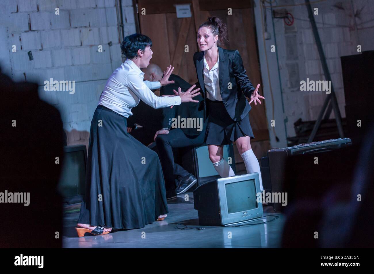 Theater actor artists on stage perform play for audience. Public ...