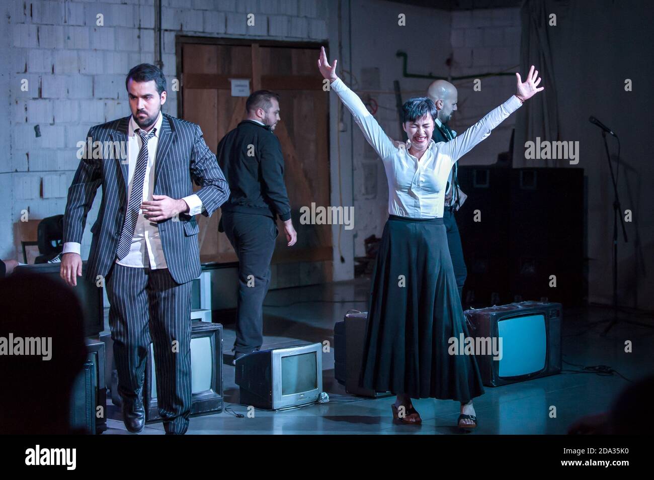 Theater actor artists on stage perform play for audience. Public ...