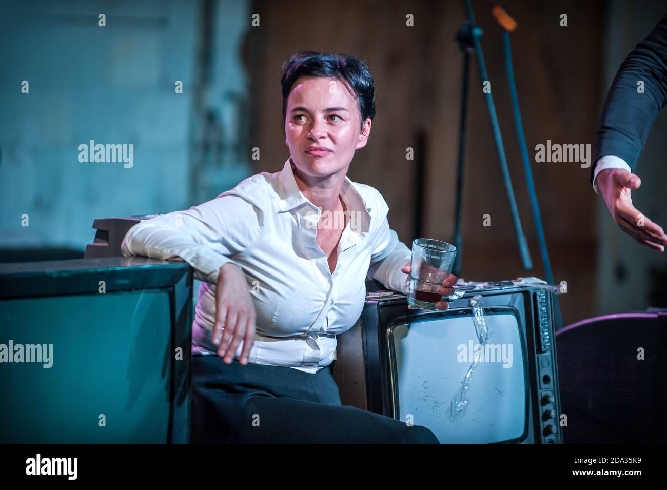 Theater actor artists on stage perform play for audience. Public ...