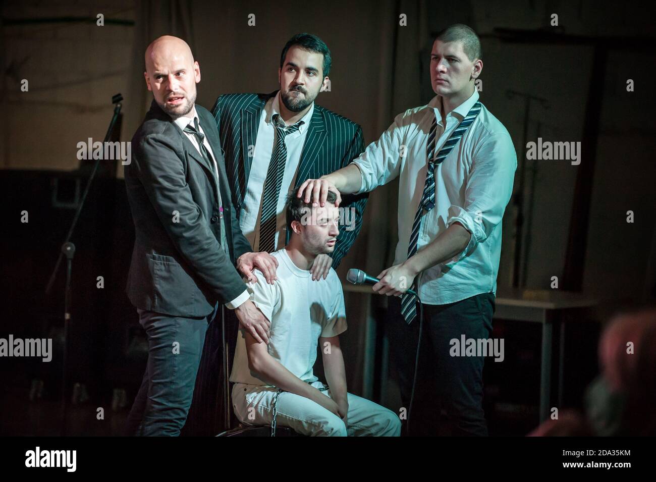 Theater actor artists on stage perform play for audience. Public ...