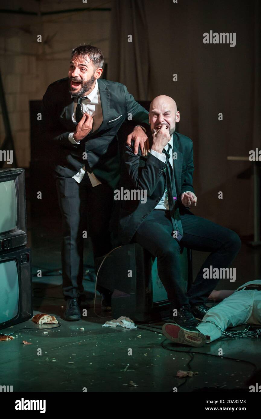 Theater actor artists on stage perform play for audience. Public ...