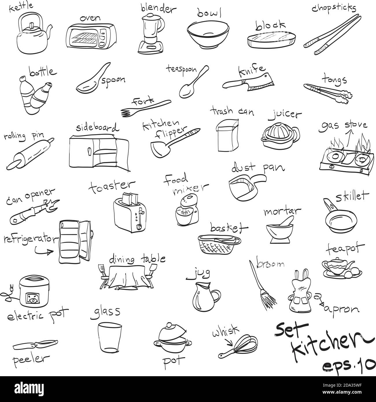 hand drawn set of objects in kitchen, doodles Stock Vector Image & Art ...