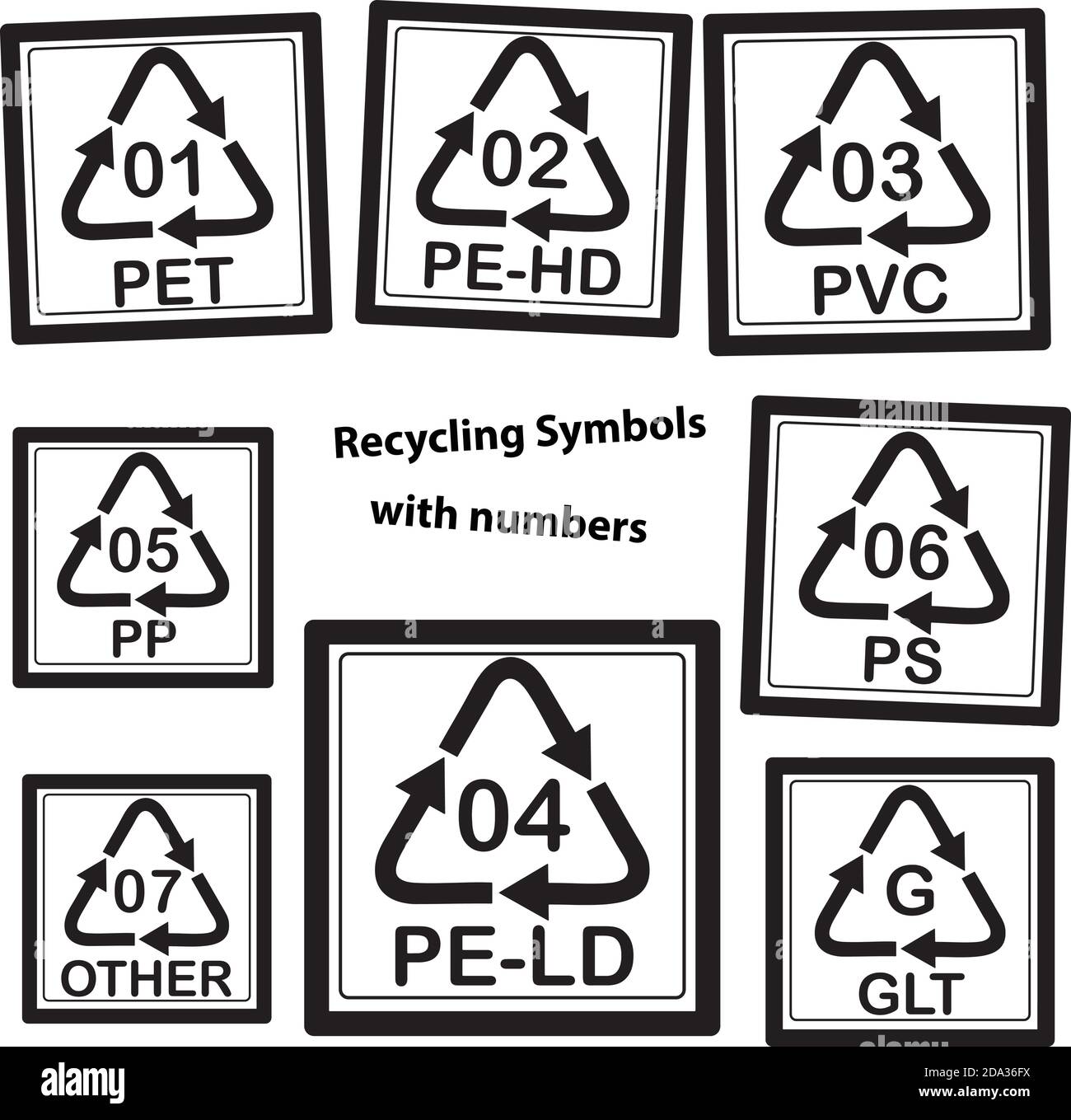 Recycling Symbols with numbers for plastic, isolated on white ...