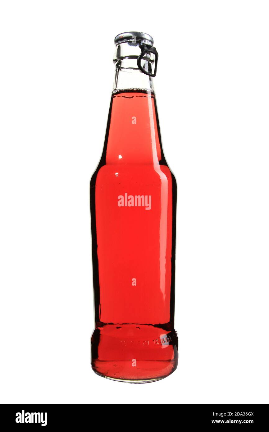 Closeup of a red lemonade in a glass bottle isolated on a white ...