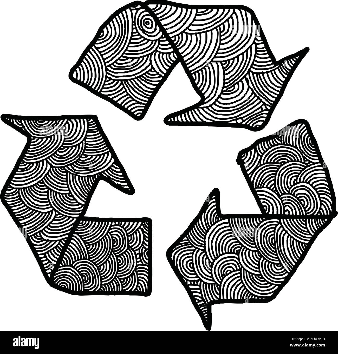 handdrawn doodles recycle sign filled in with wave pattern lines ...