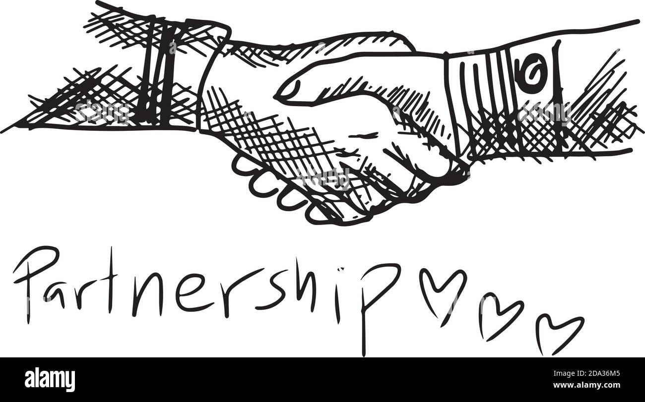 Partneship. Sketch handshake vector illustration with word partnership ...