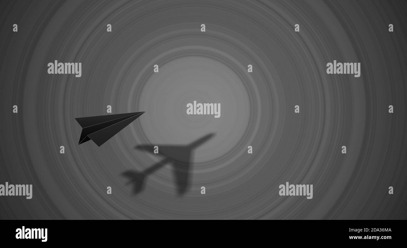 black paper airplane on grey round background (circulation) with real ...