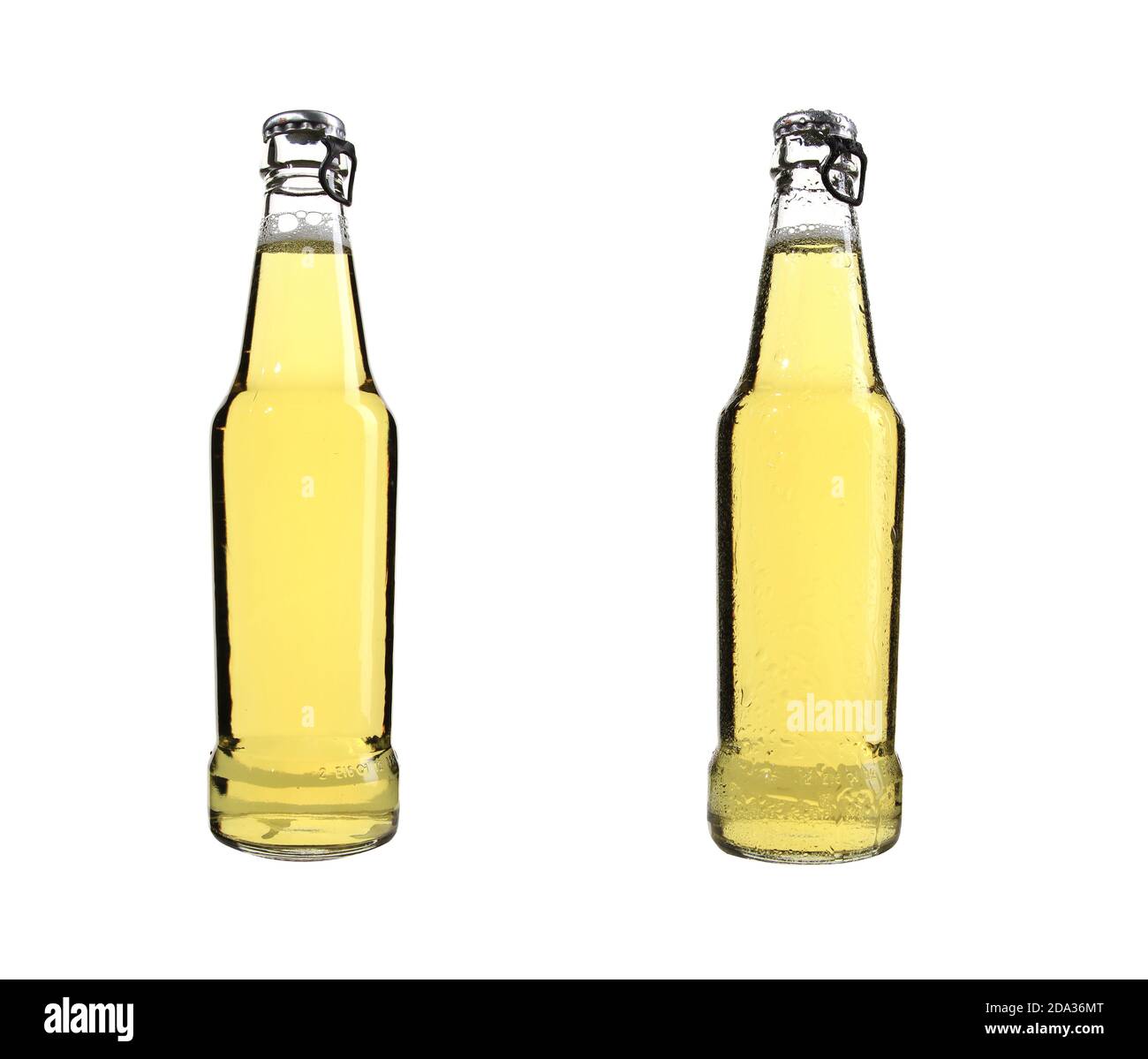 Isolated shot of wet and dry beer bottles on white background Stock ...