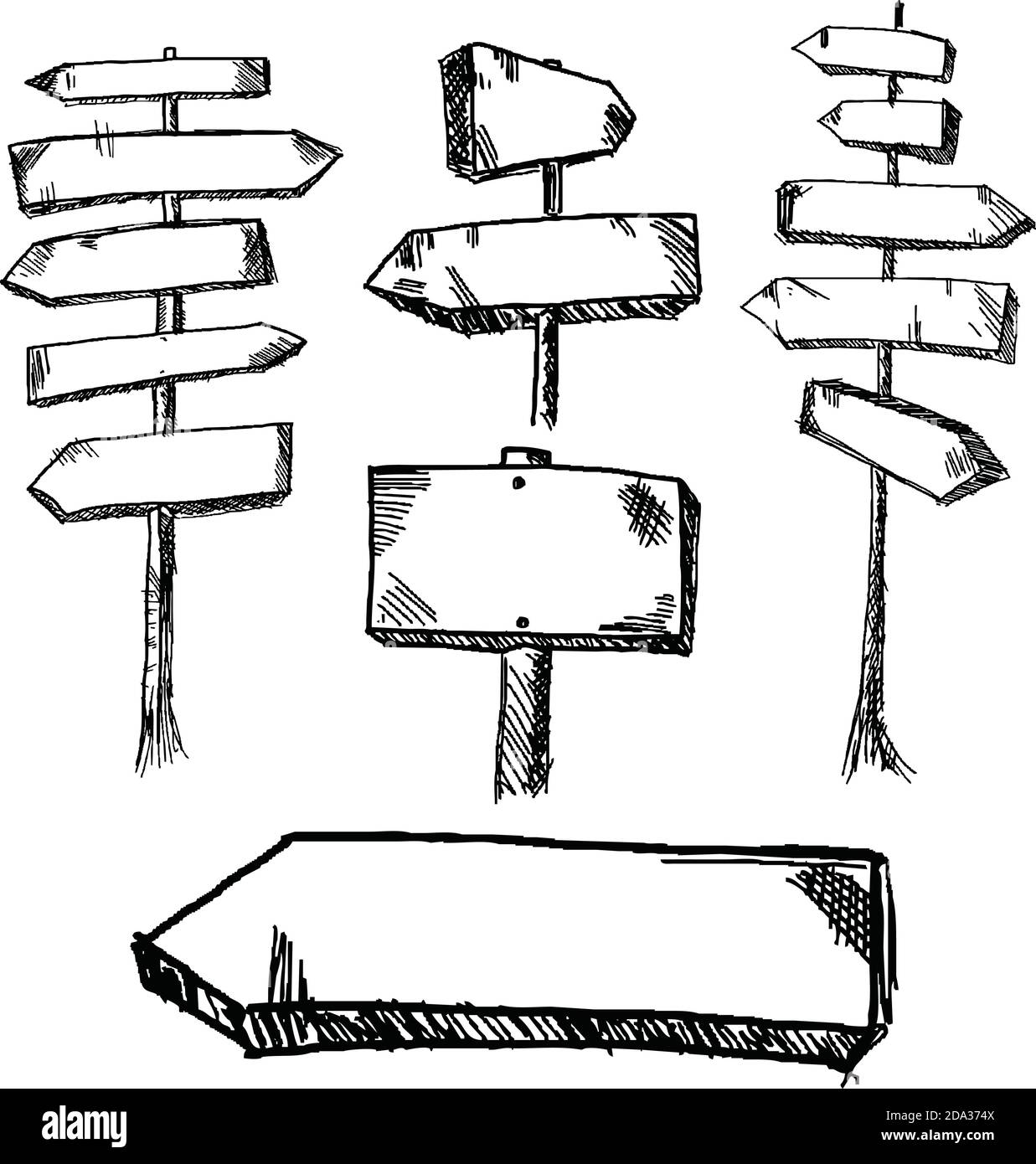 Hand drawn wooden road signs pointing in different and opposite ...