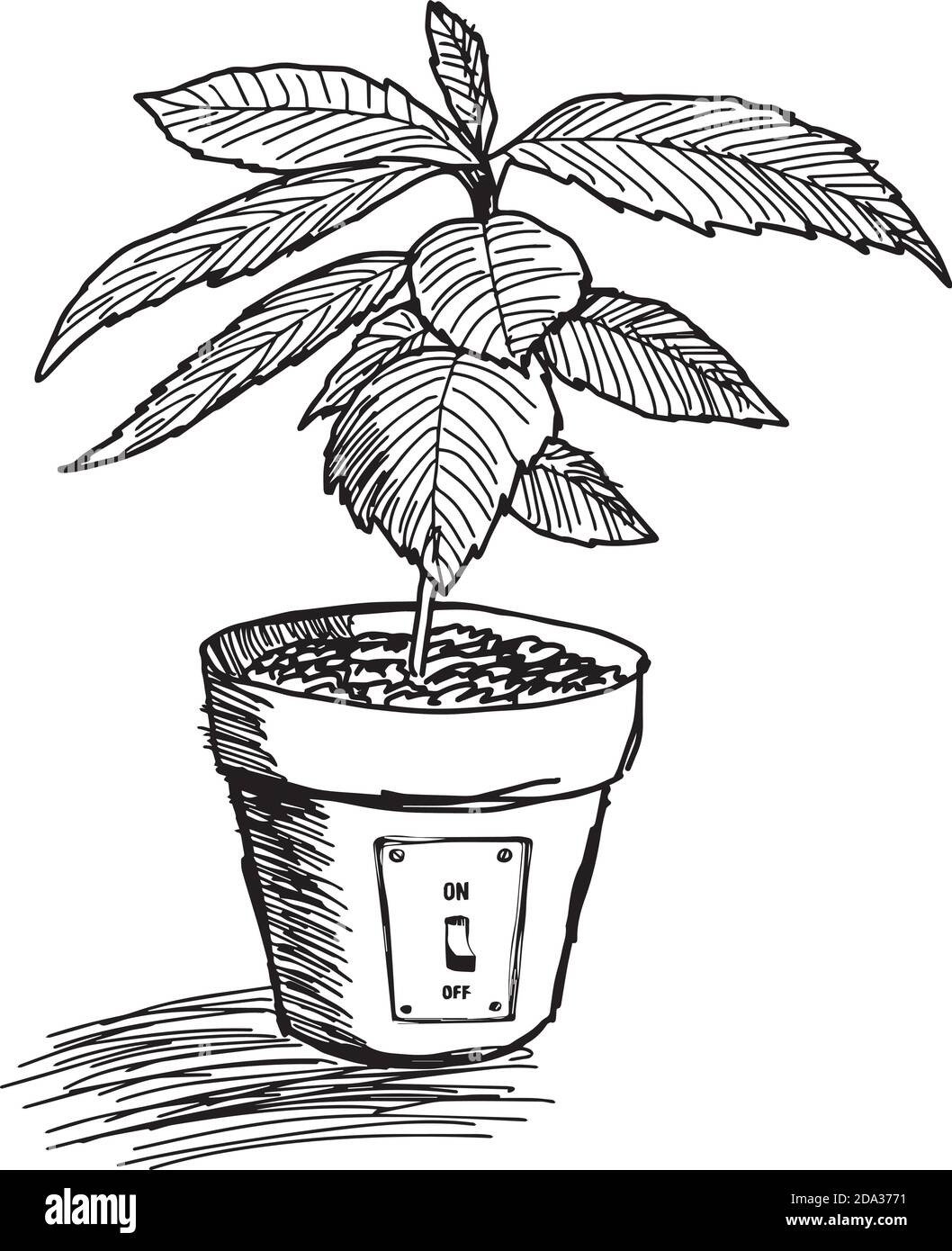 hand drawn doodles sketch of tree growing in pot which has switch off ...