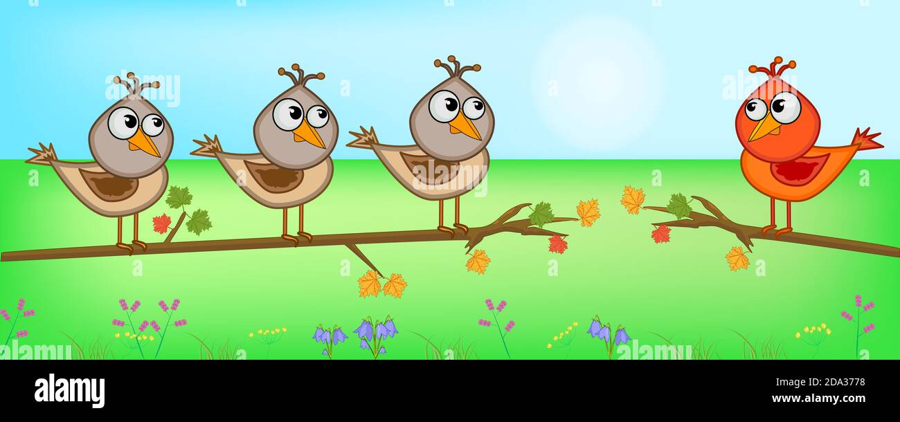 Birds on branch. Think outside the box.Being different, standing out ...