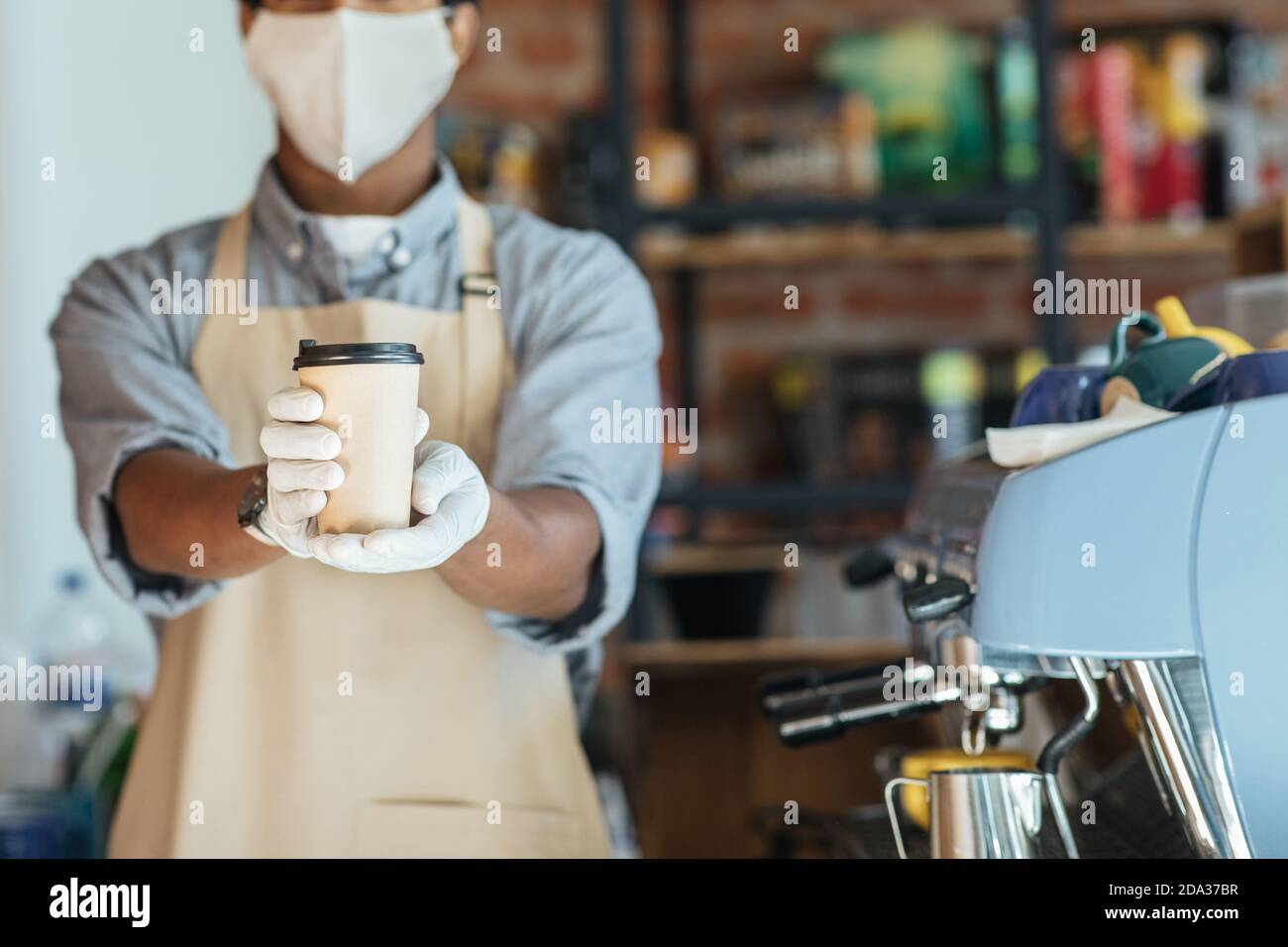 Covid-19, social distancing, small coffee shop and preventing virus ...