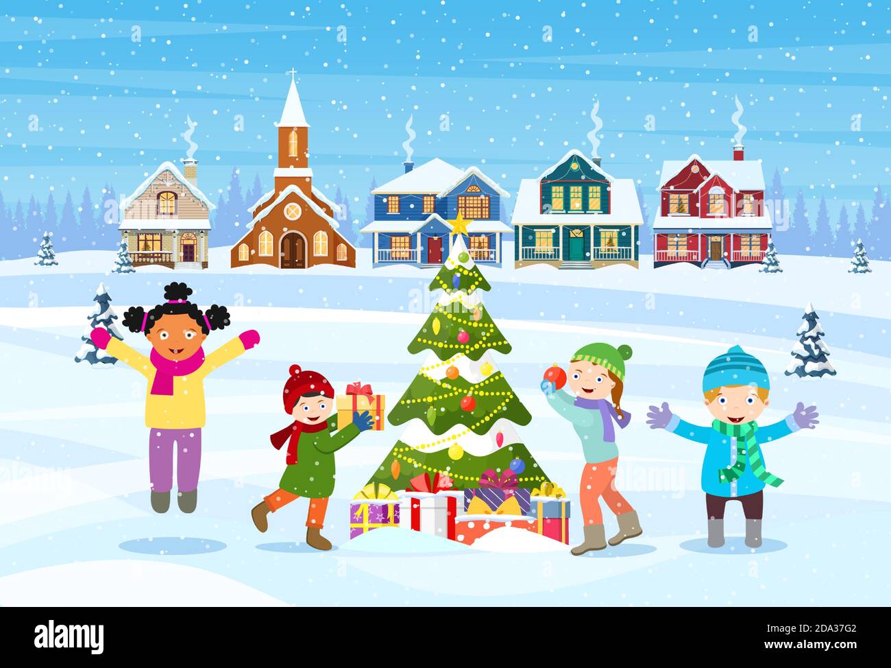 kids decorating a Christmas tree Stock Vector Image & Art - Alamy