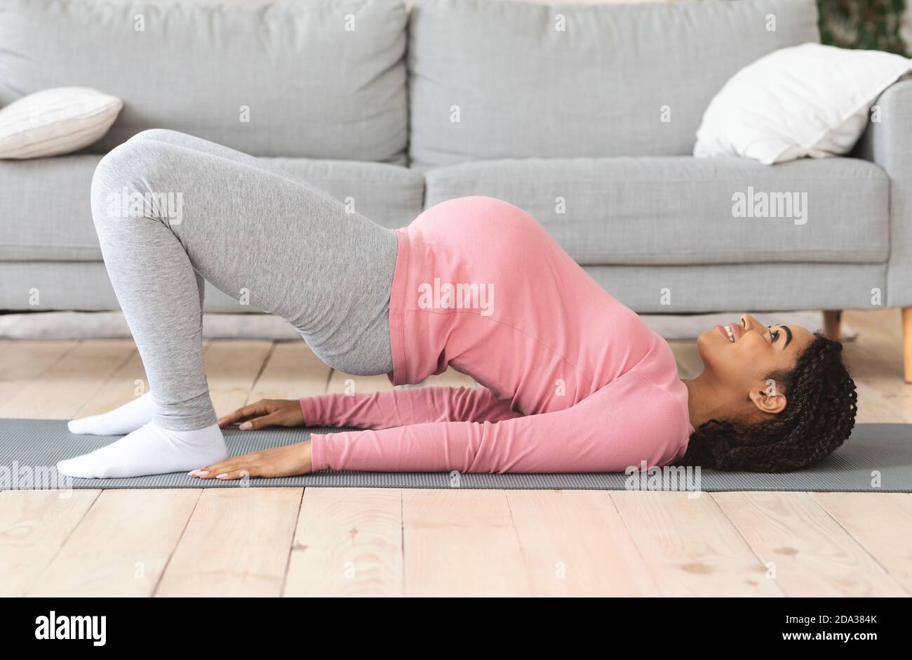 Healthy expecting lady training at home, copy space Stock Photo - Alamy