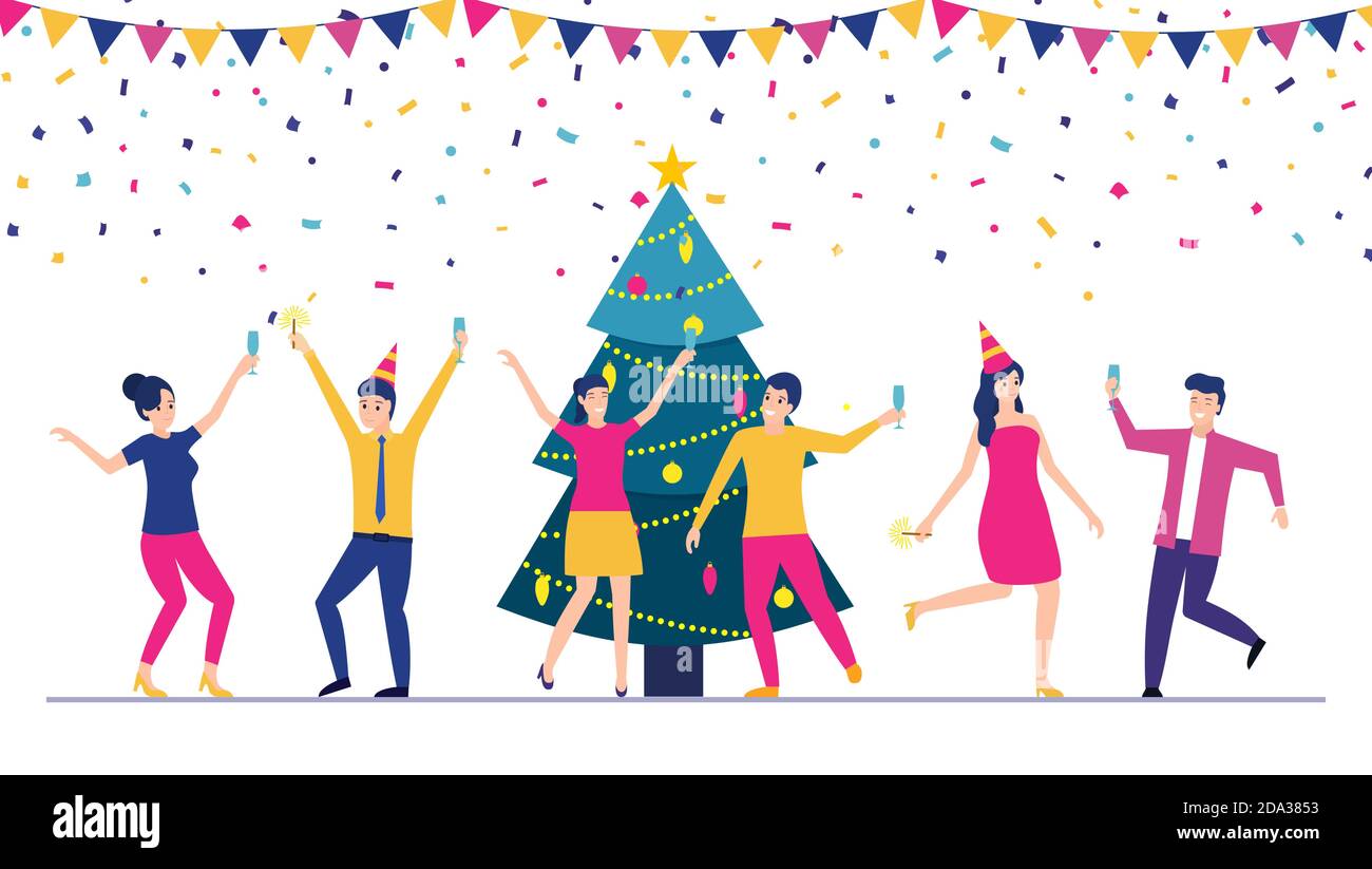Happy Christmas Day Celebrating together happy. Group of cartoon people ...