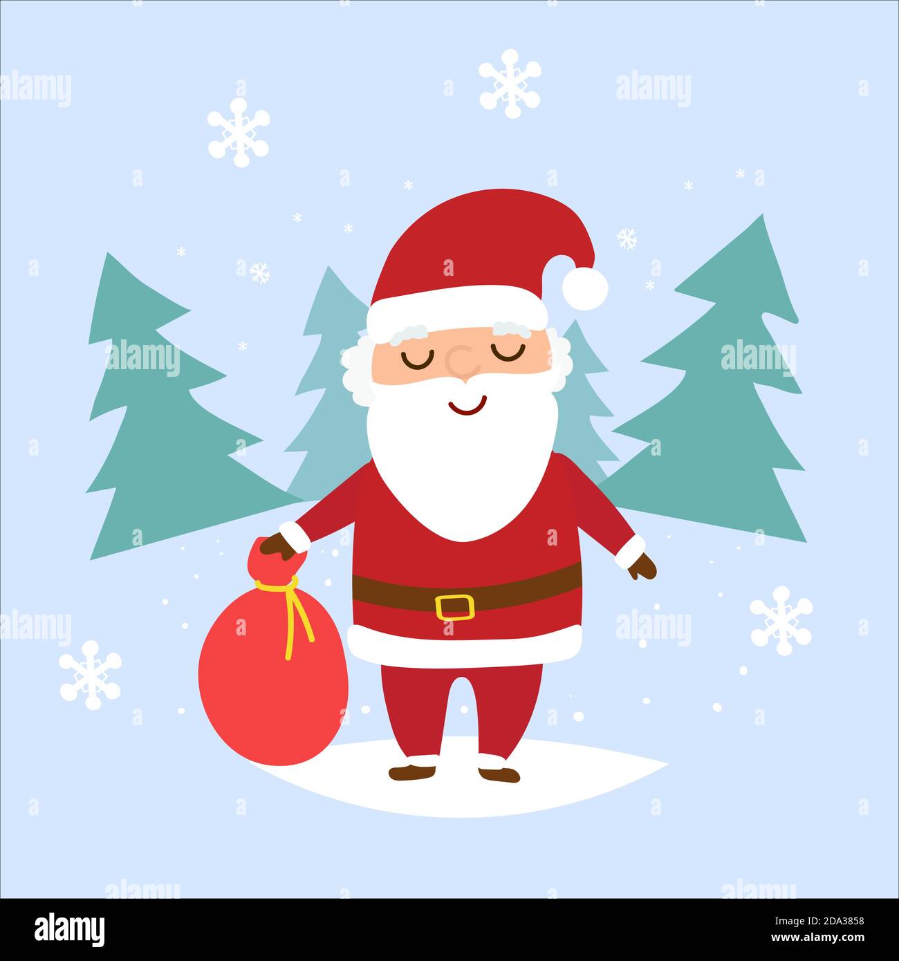 Christmas cartoon Santa with a bag with gifts. woods behind him. Vector ...