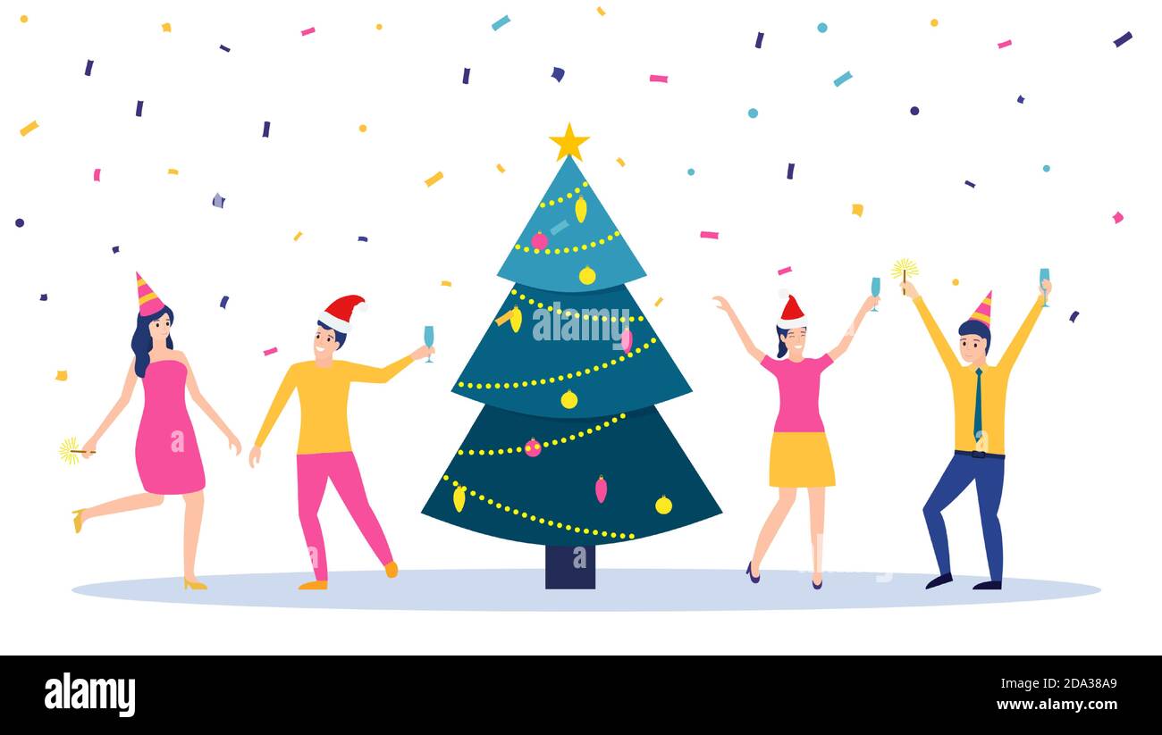 Happy Christmas Day Celebrating together happy. Group of cartoon people ...