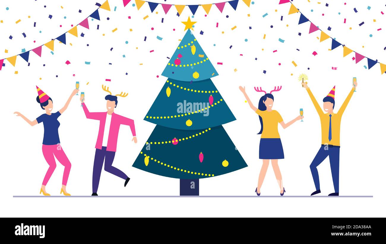 Happy Christmas Day Celebrating together happy. Group of cartoon people ...