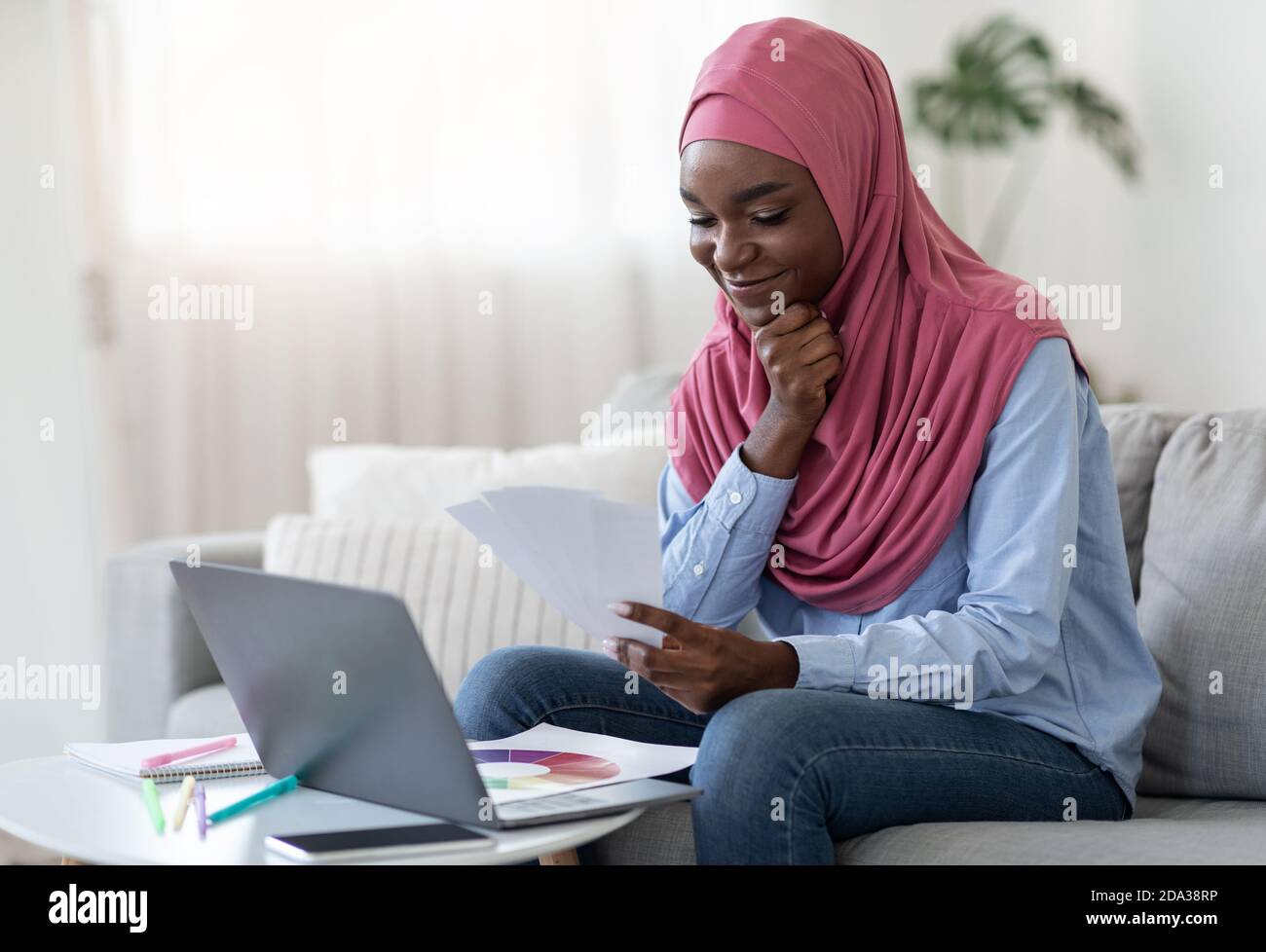 Smiling Black Muslim Woman Using Laptop And Color Palette, Choosing ...
