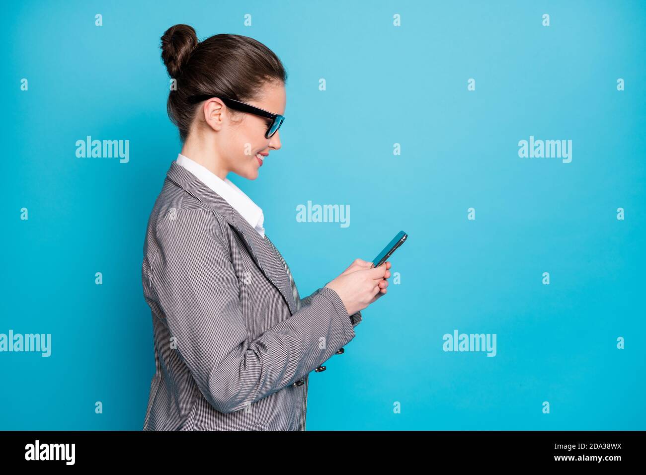 Profile side photo of smart lady ceo smm use smartphone wear grey ...