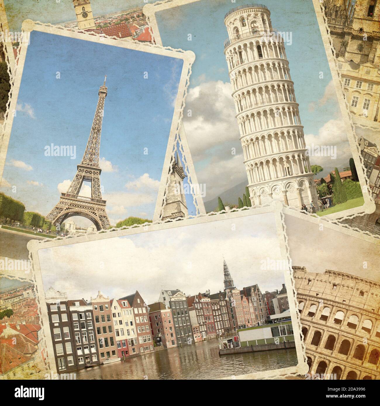 Vintage Travel Background With Retro Photos Of European