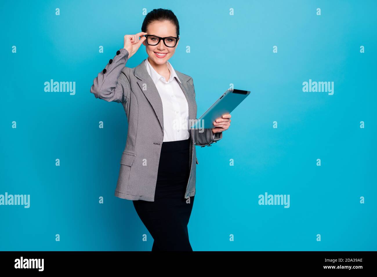 Portrait of nice attractive cheerful smart clever lady researching ...