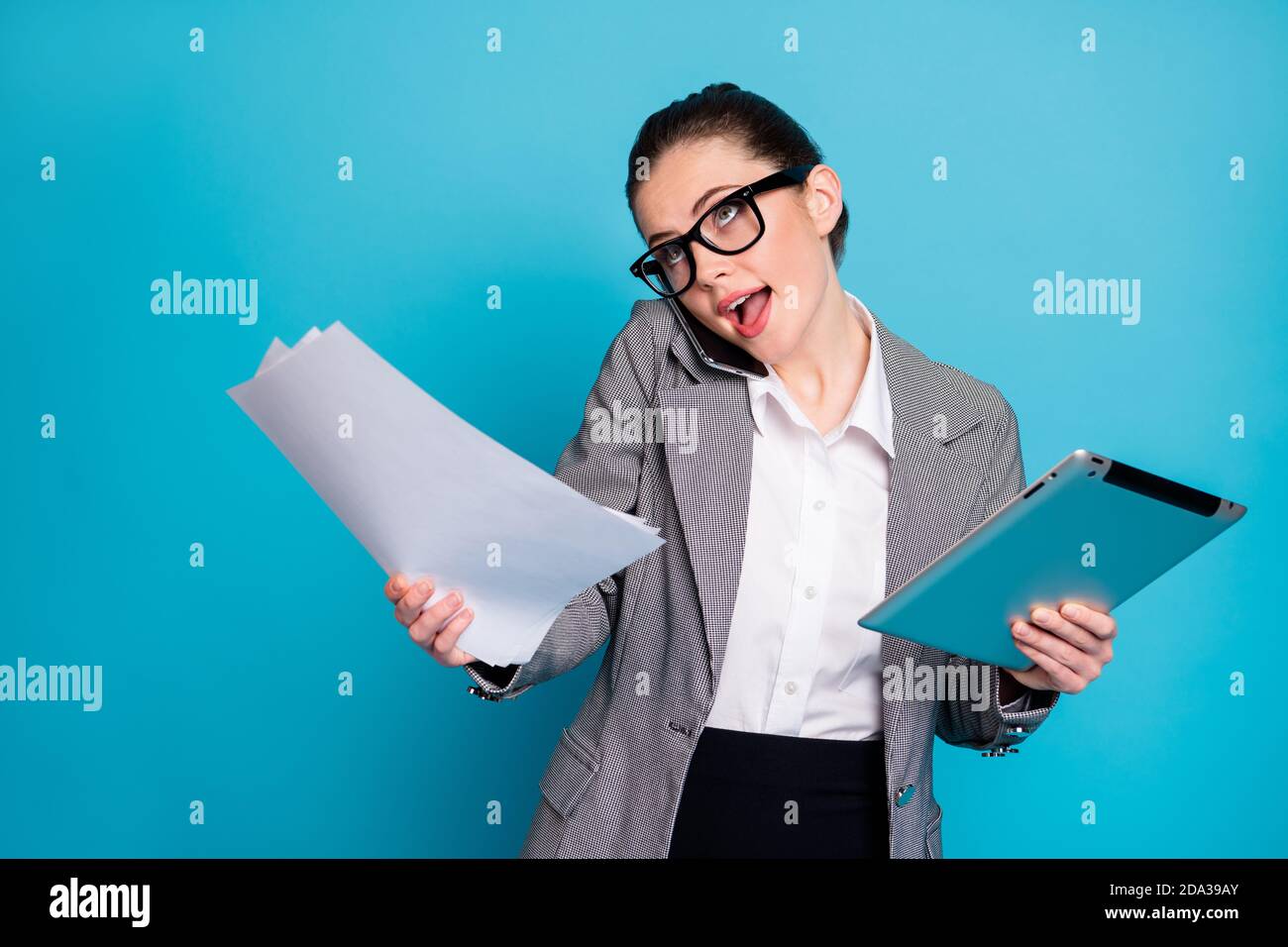 Portrait of attractive busy lady expert specialist calling client ...