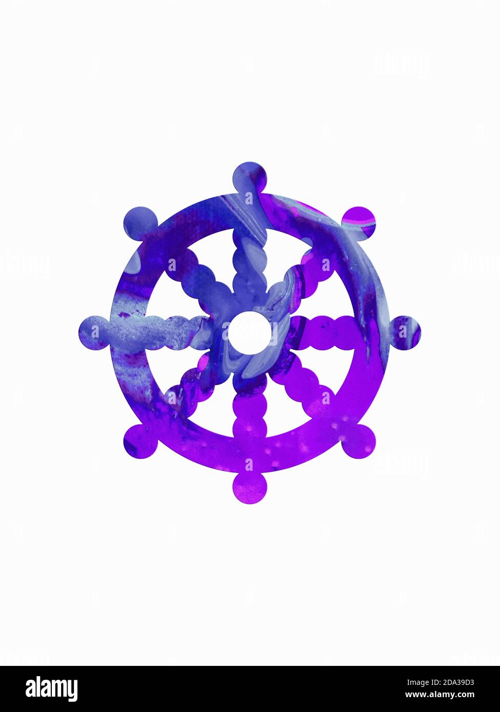 The symbol of Buddhism is painted in purple-blue colors. The wheel of ...