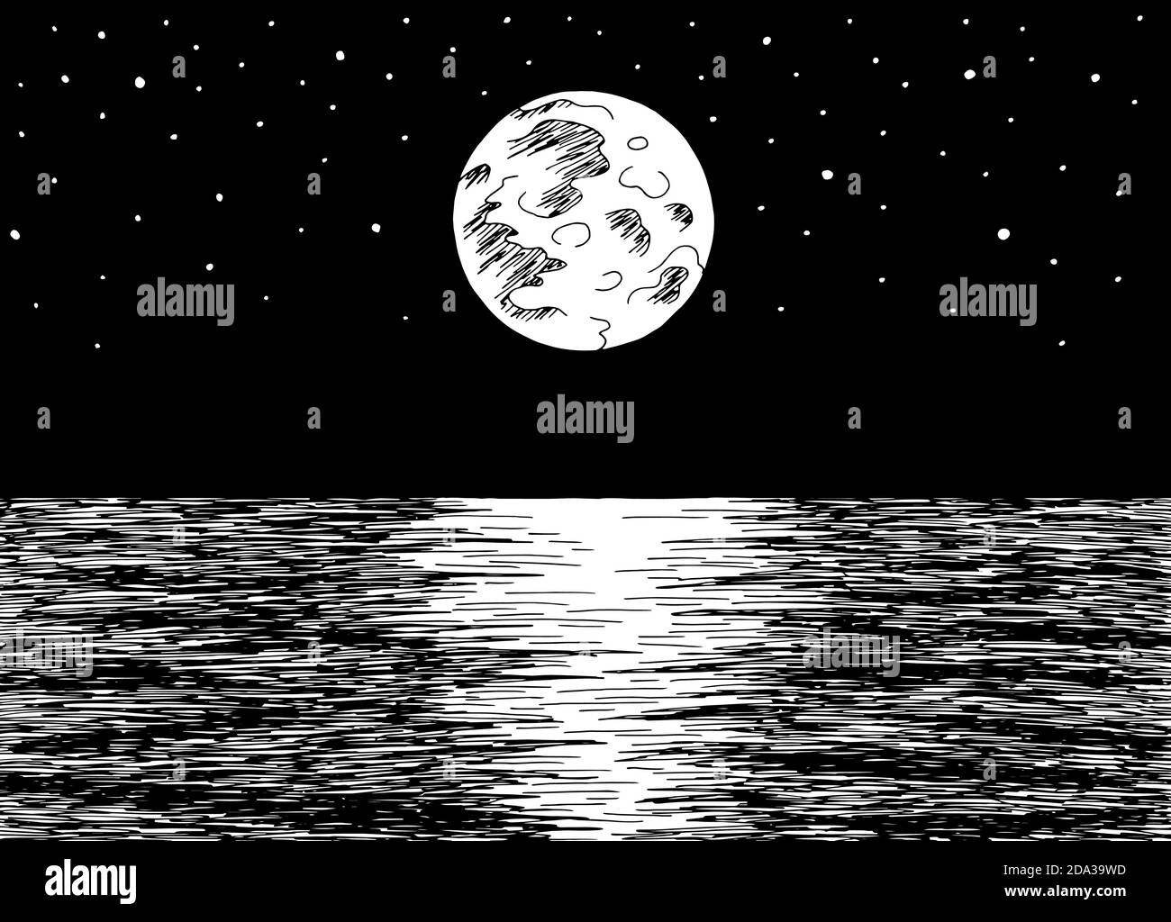 Sea moon reflection skyline graphic black white night seascape sketch ...