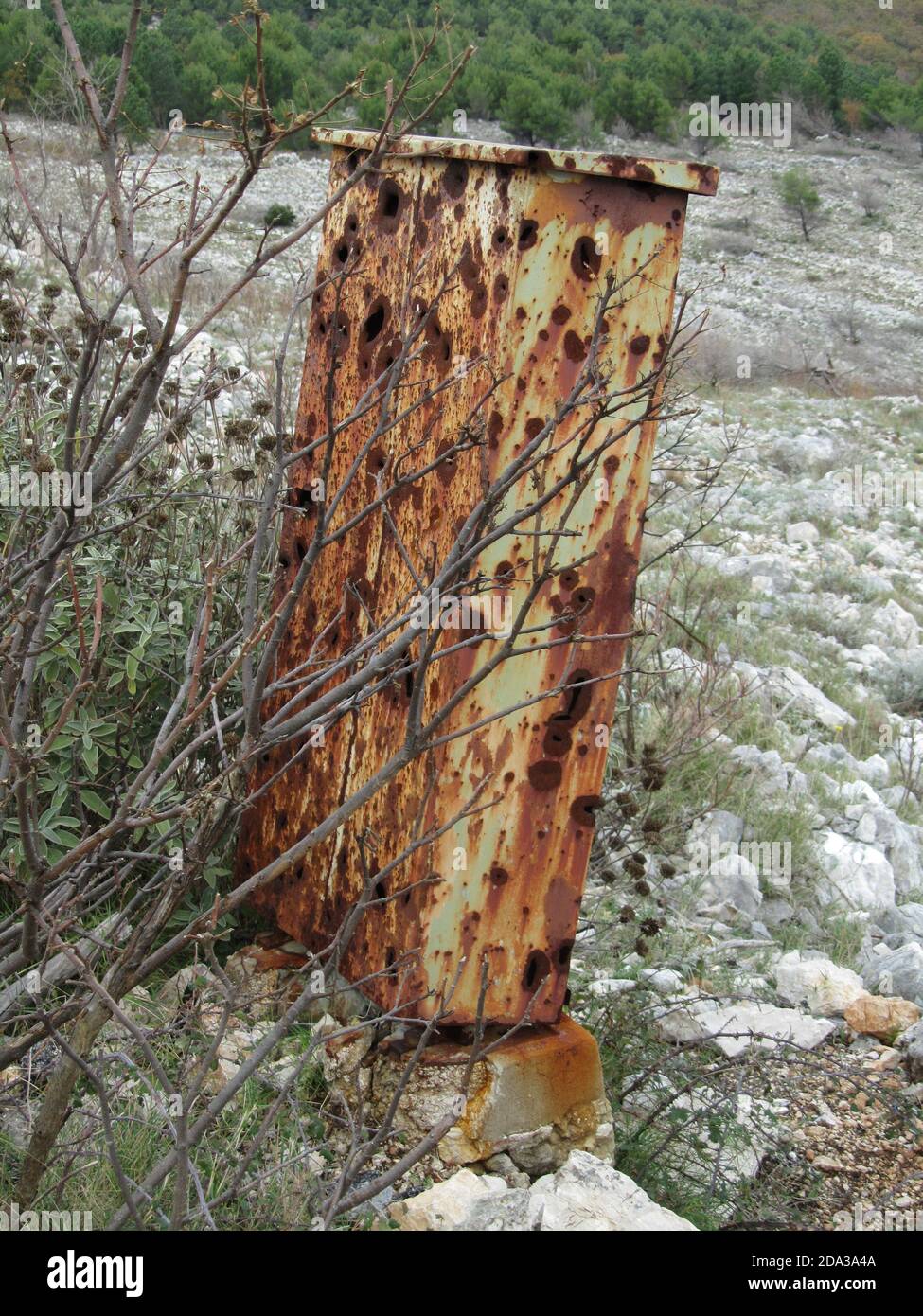 Telecommunication box destroyed by bullets near Dubrovni Stock Photo ...