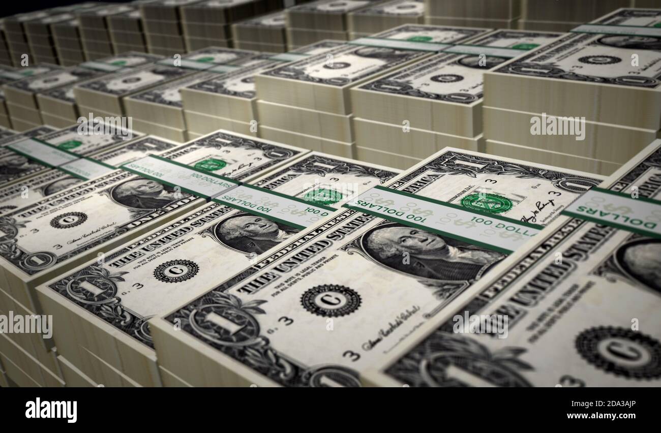 Dollar money pack 3d illustration. One USD banknote bundle stacks ...