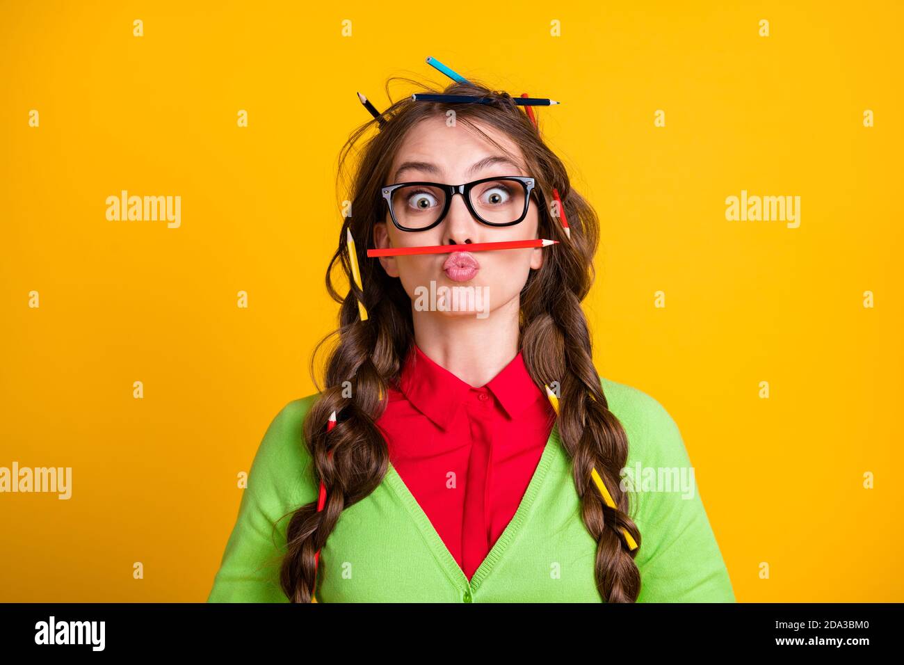 Photo of girl messy hairdo funny face expression pencil nose isolated ...