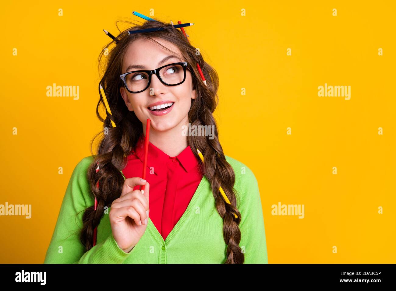 Photo of minded geek girl look empty space think wear green shirt ...