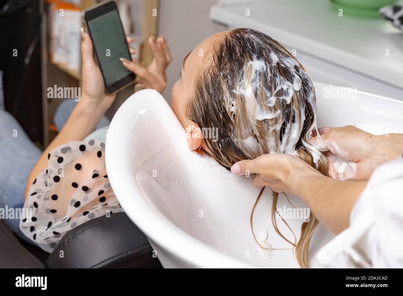 Woman In A Beauty Salon Hair Care Hairdresser Applies Mask To Client