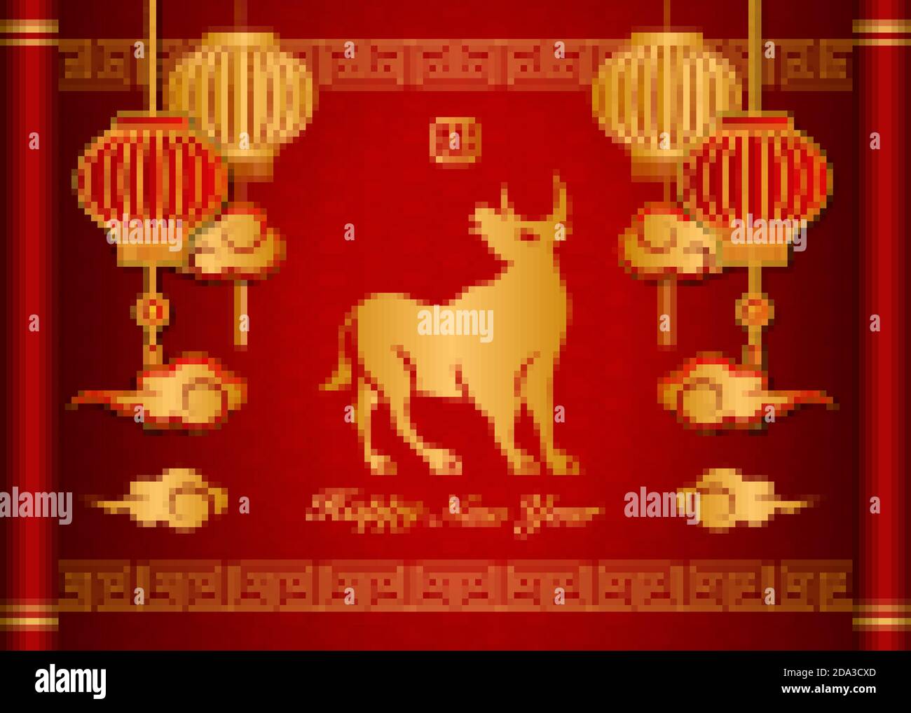 2021 Happy Chinese new year gold relief ox lantern cloud and lattice ...