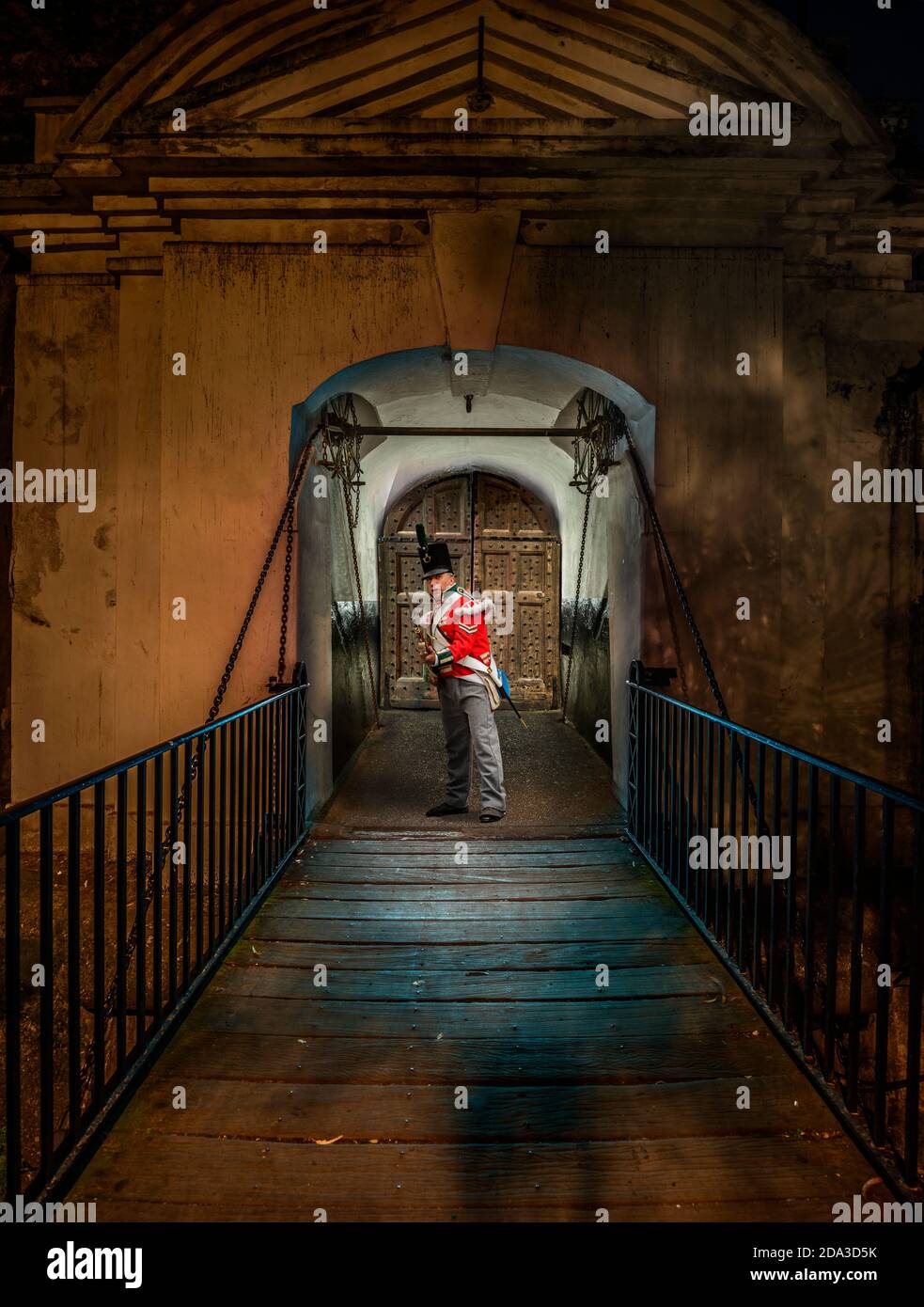 Member of the Gibraltar re-enactment society guarding the Landport gate ...