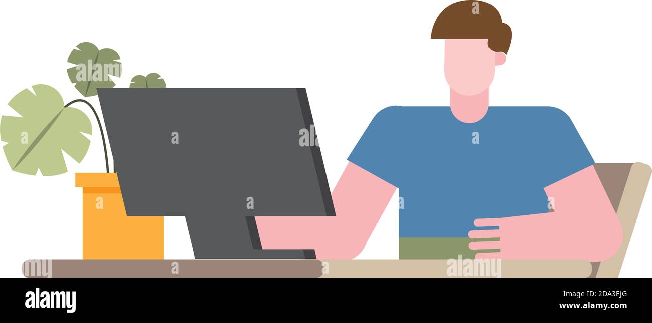 Man with computer at desk working from home design of telecommuting ...