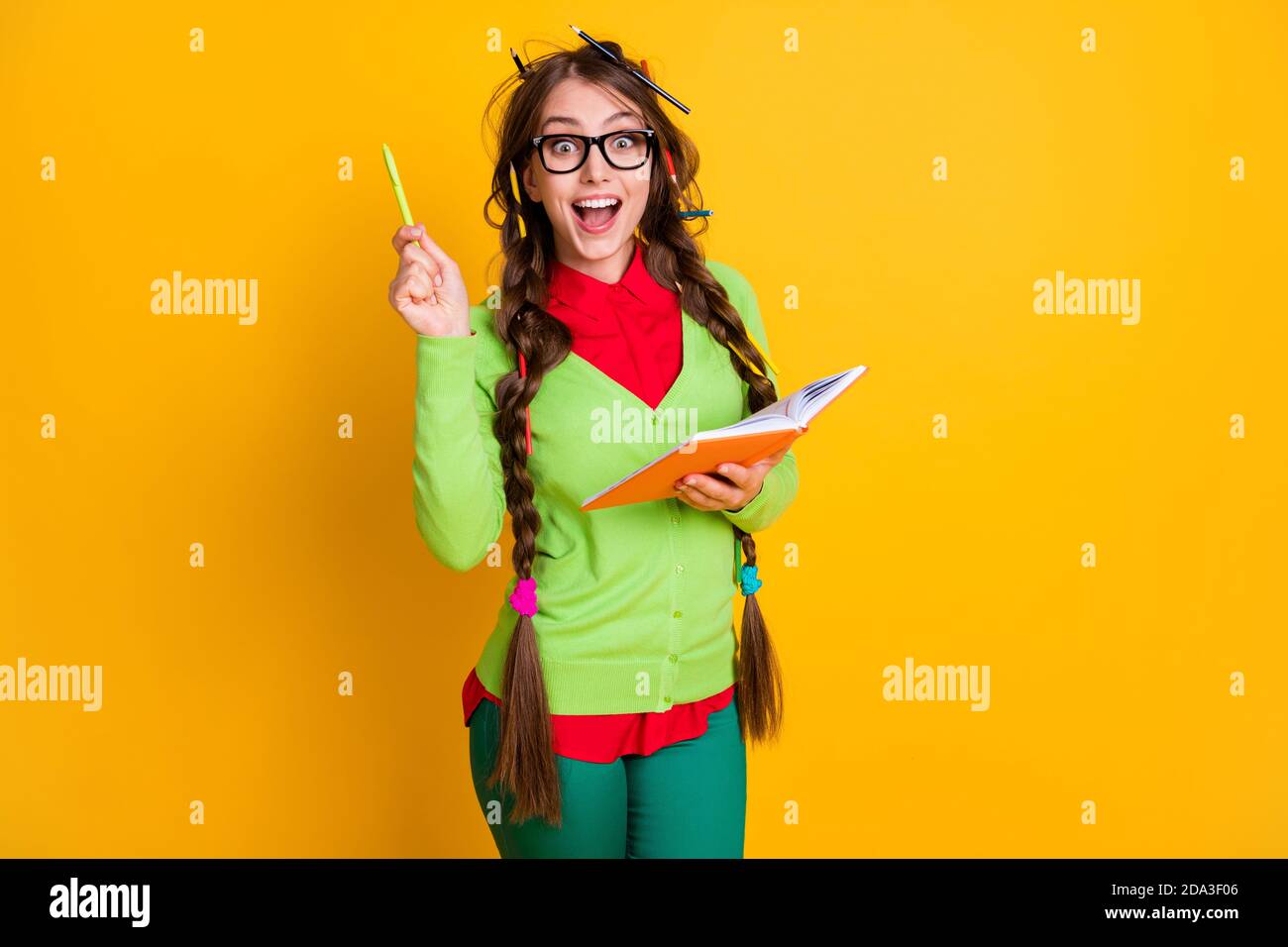 Portrait of attractive excited brainy genius cheerful teenage girl ...