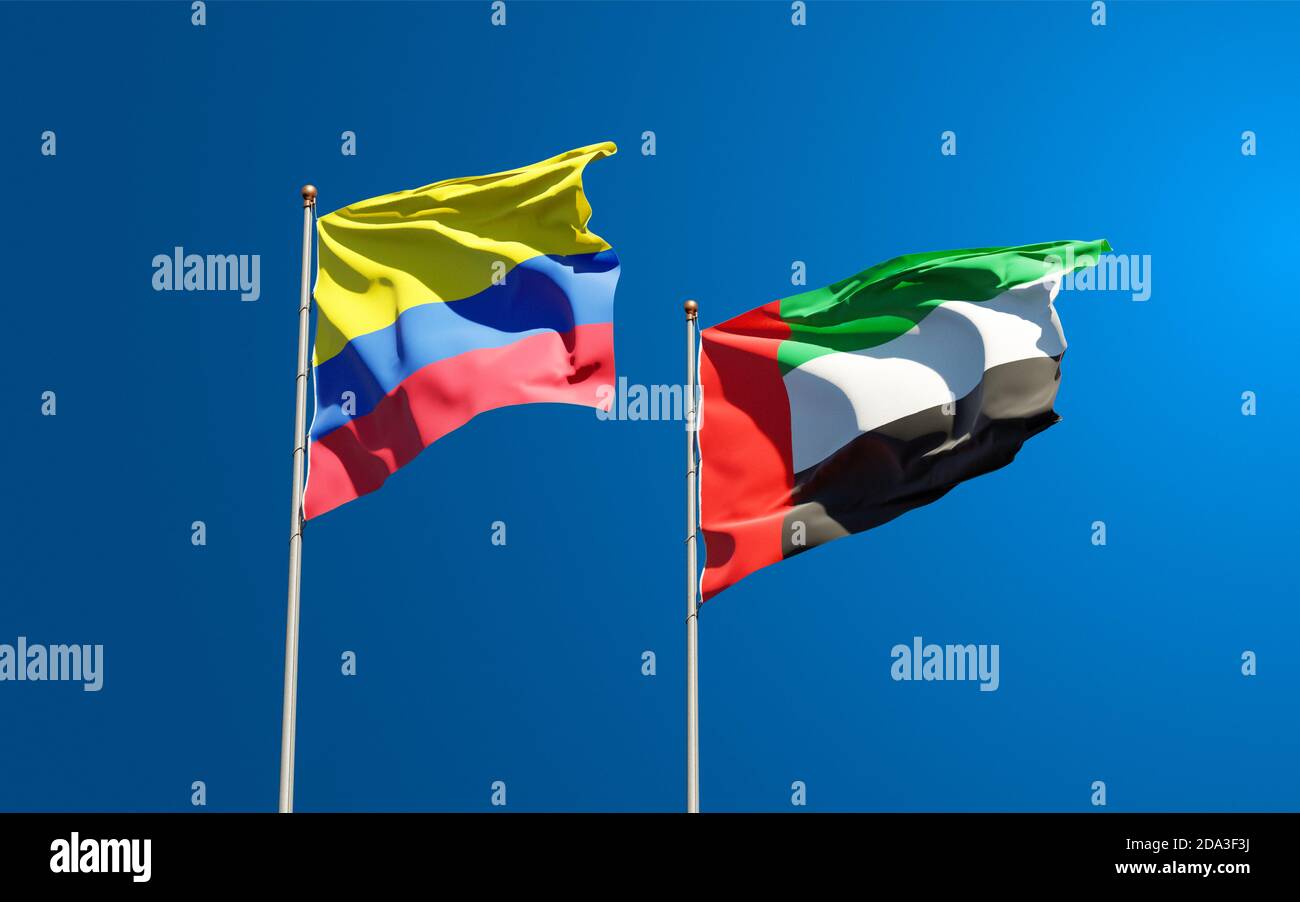 Beautiful national state flags of UAE United Arab Emirates and Colombia ...