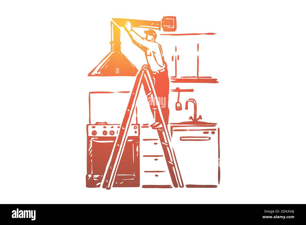 Exhaust hood installation, handyman standing on ladder, maintenance ...