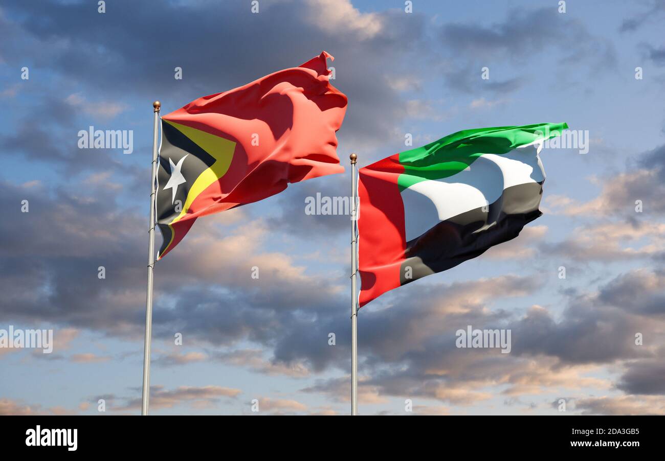 Beautiful national state flags of East Timor and UAE United Arab ...