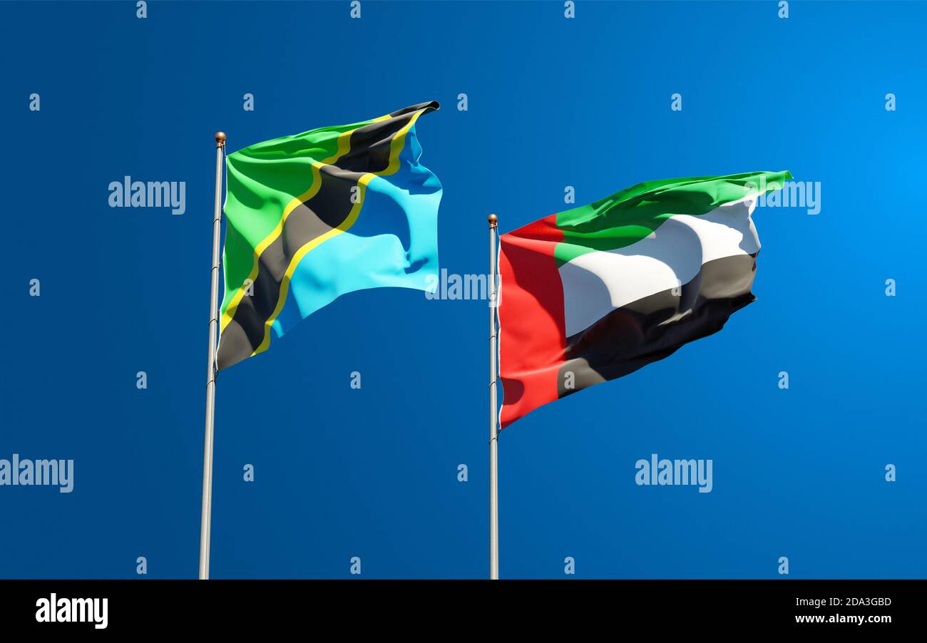Beautiful national state flags of Tanzania and UAE United Arab Emirates ...