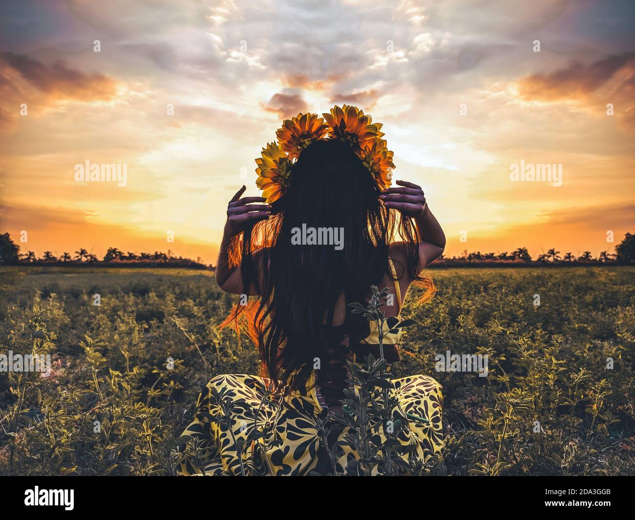 Young female with sunflowers on head posing in a field at sunset Stock ...