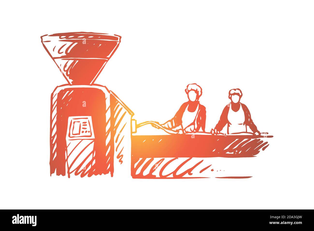 Butchery, factory workers, people processing meat, conveyor line ...