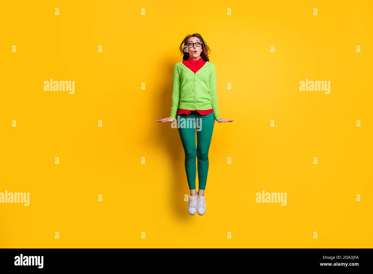 Full length body size view of lovely shy funky amazed cheerful girl ...