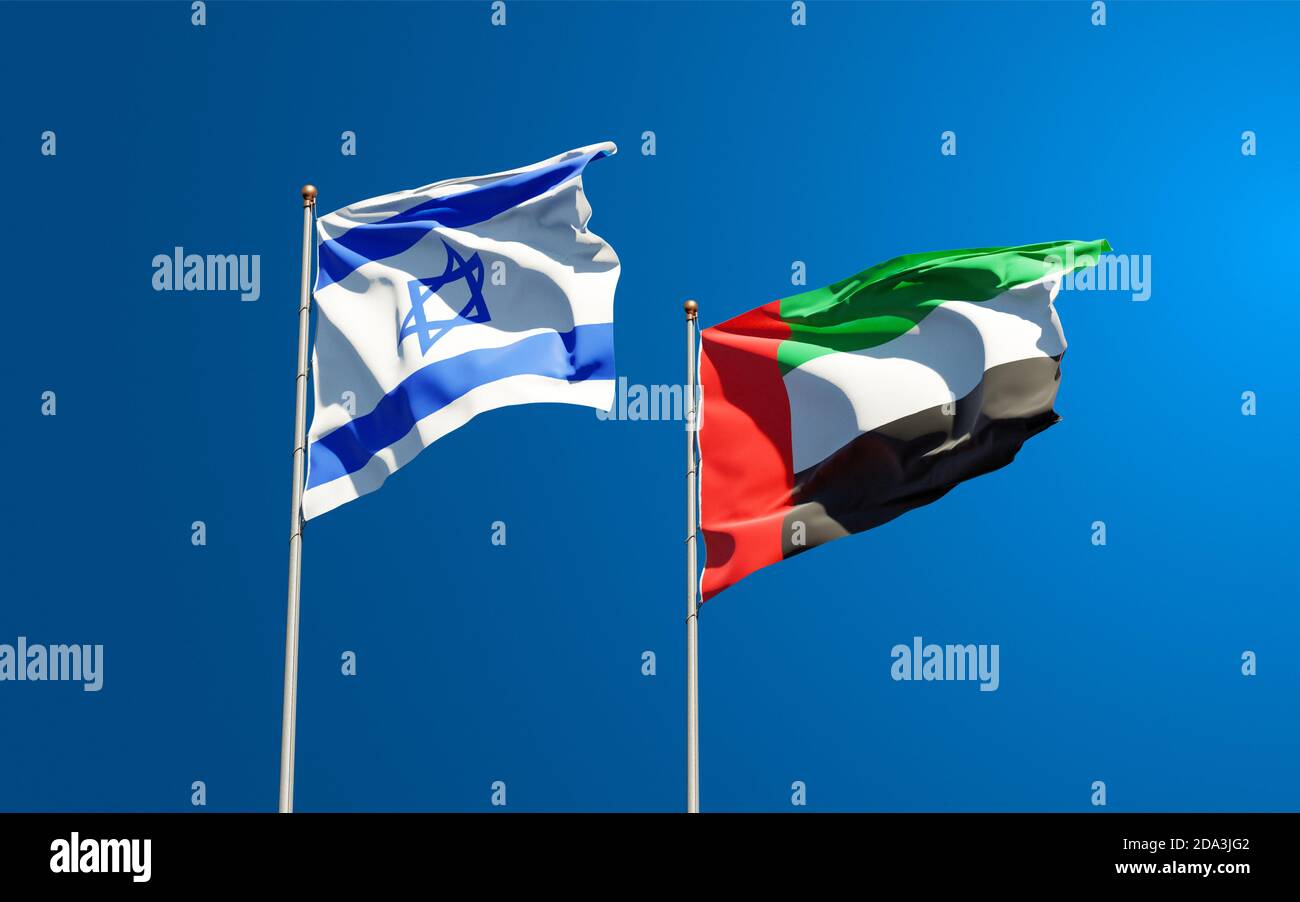 Beautiful national state flags of Israel and UAE United Arab Emirates ...