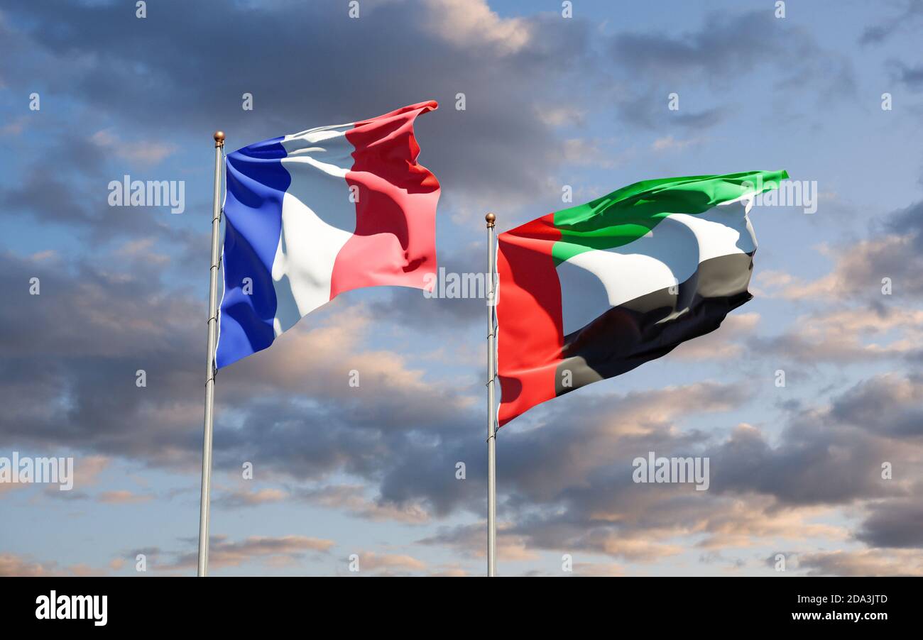 Beautiful national state flags of France and UAE United Arab Emirates ...