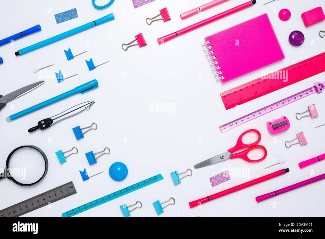 Pink notepad, pencil and marker on pink background. Flat lay. Concept ...