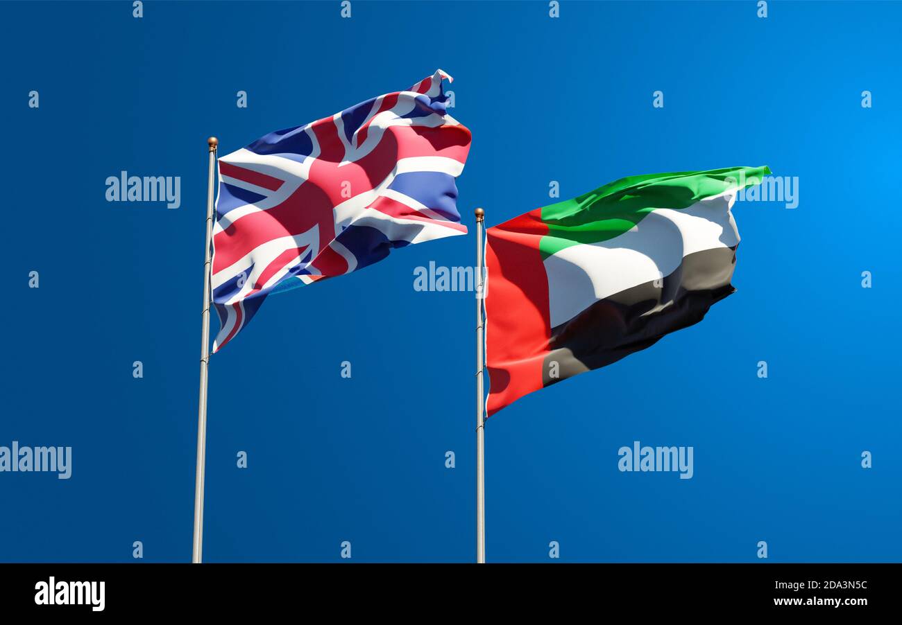 Beautiful national state flags of UK and UAE United Arab Emirates ...