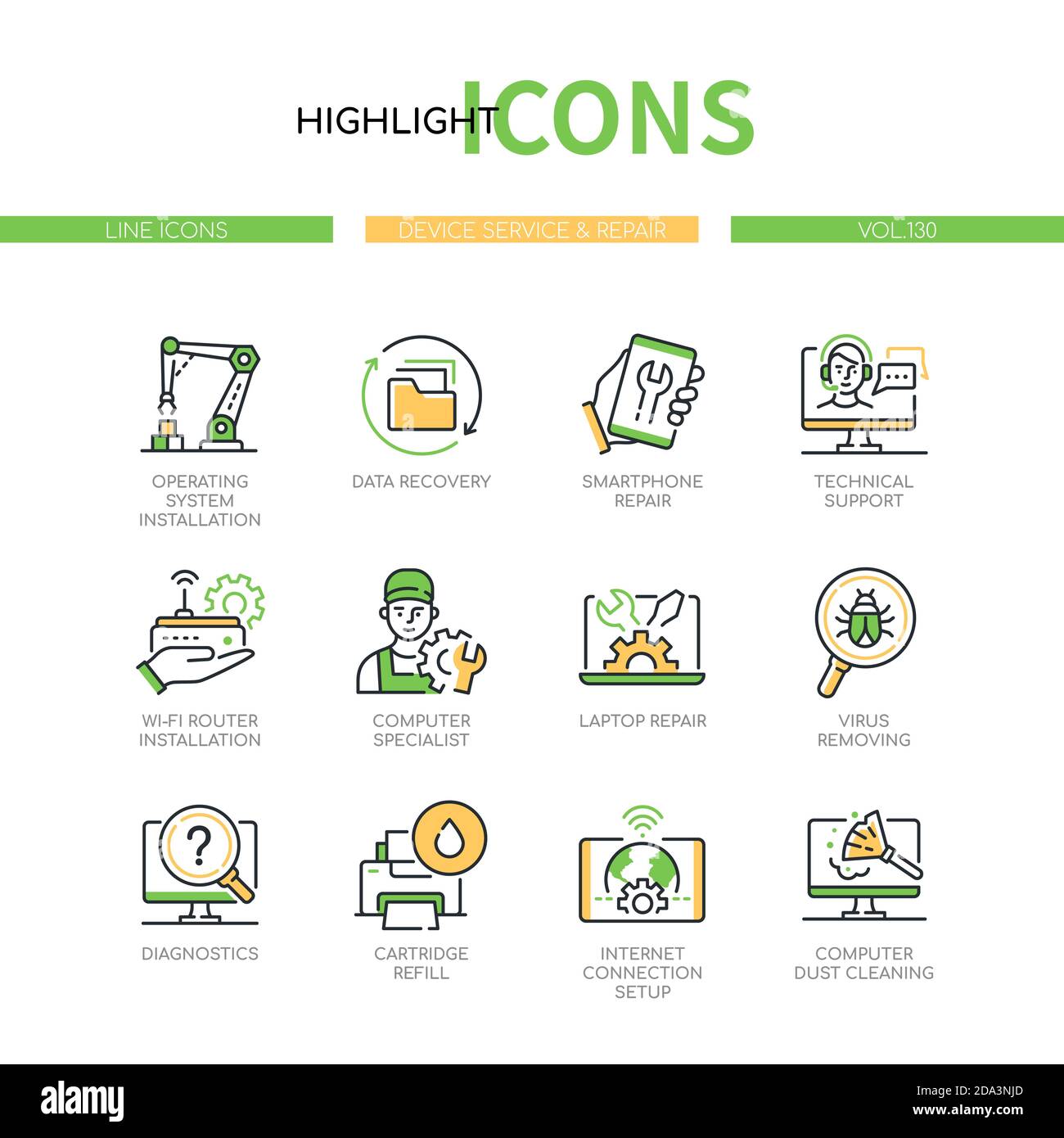Device service and repair - modern line design style icons set Stock ...